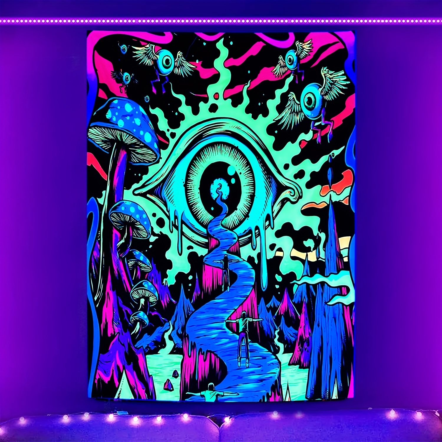 Mushroom Eye Blacklight Tapestry Uv Reactive Peach Skin - Temu