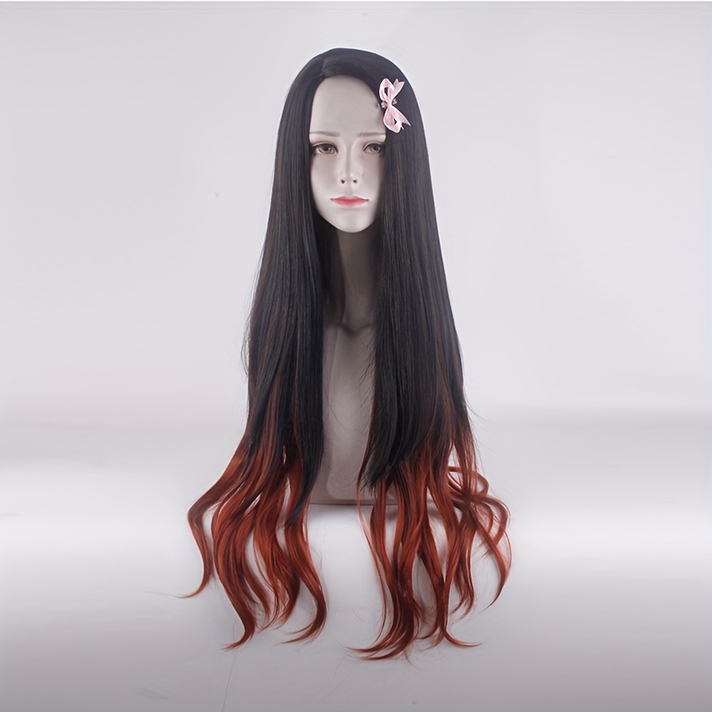 Long Wavy Wig Ombre Black Dark Orange Color Side Part - Temu Canada