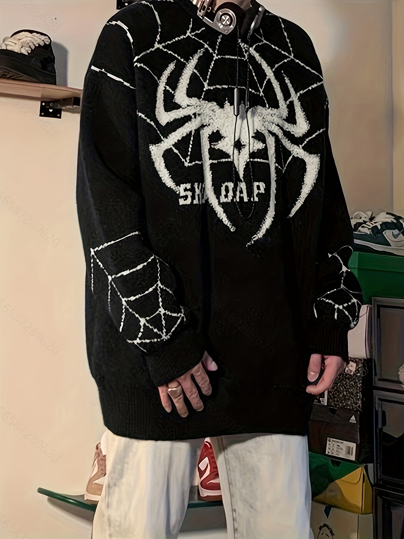 Spider Web Pattern Pullover Sweater Casual Long Sleeve Loose - Temu ...