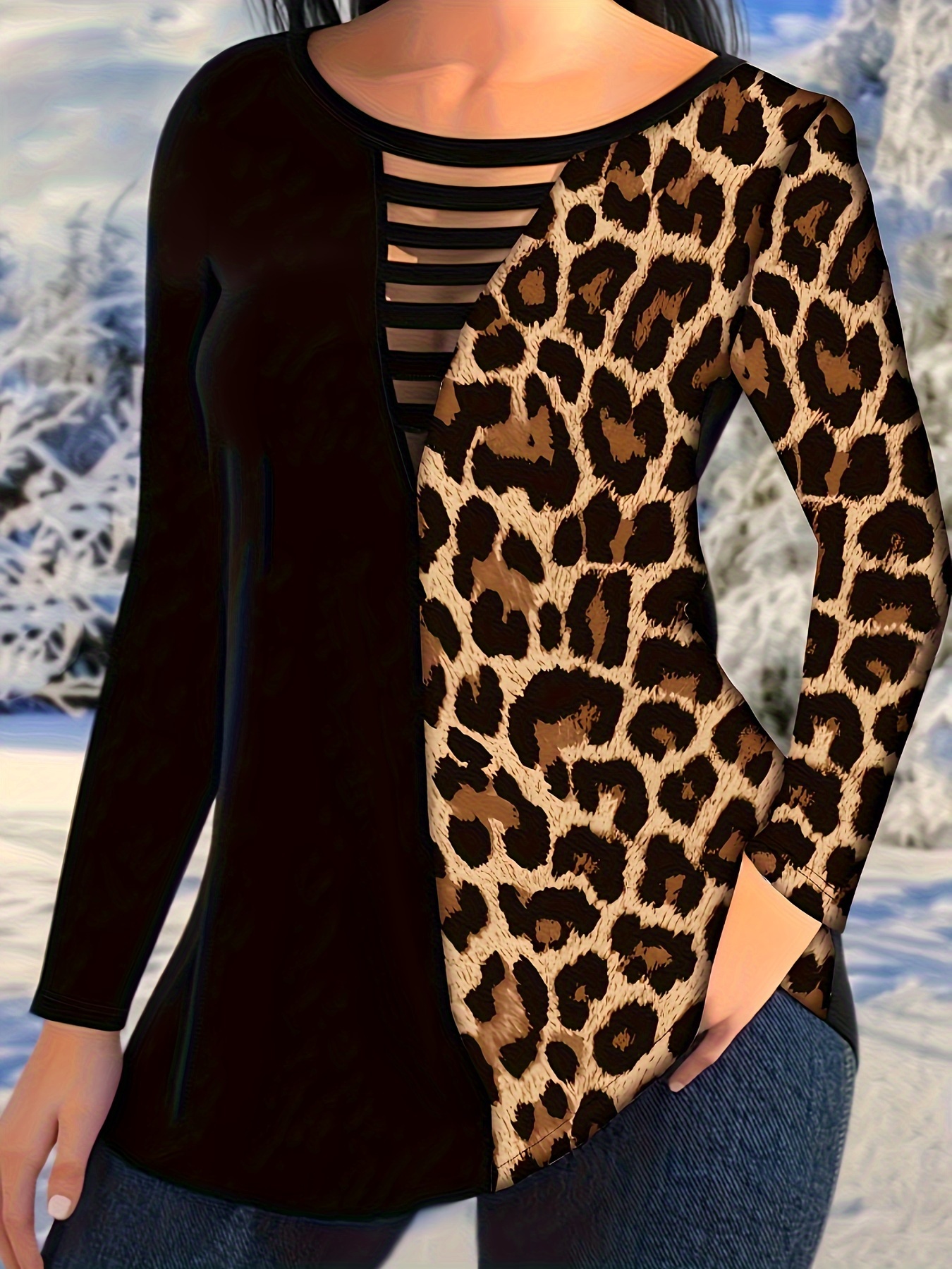 Leopard Print V Neck Cut T shirt Casual Color Block Long - Temu Australia