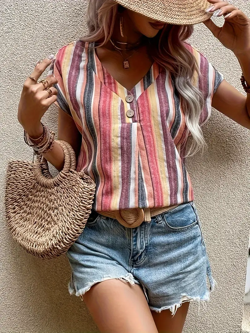 Striped Print Button Front Blouse Casual V Neck Short Sleeve Temu