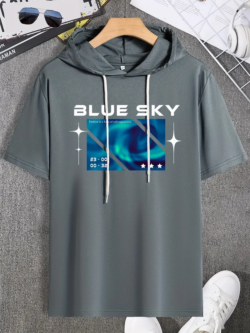 Blue Sky Print Aurora Pattern Drawstring Short Sleeve Temu Australia