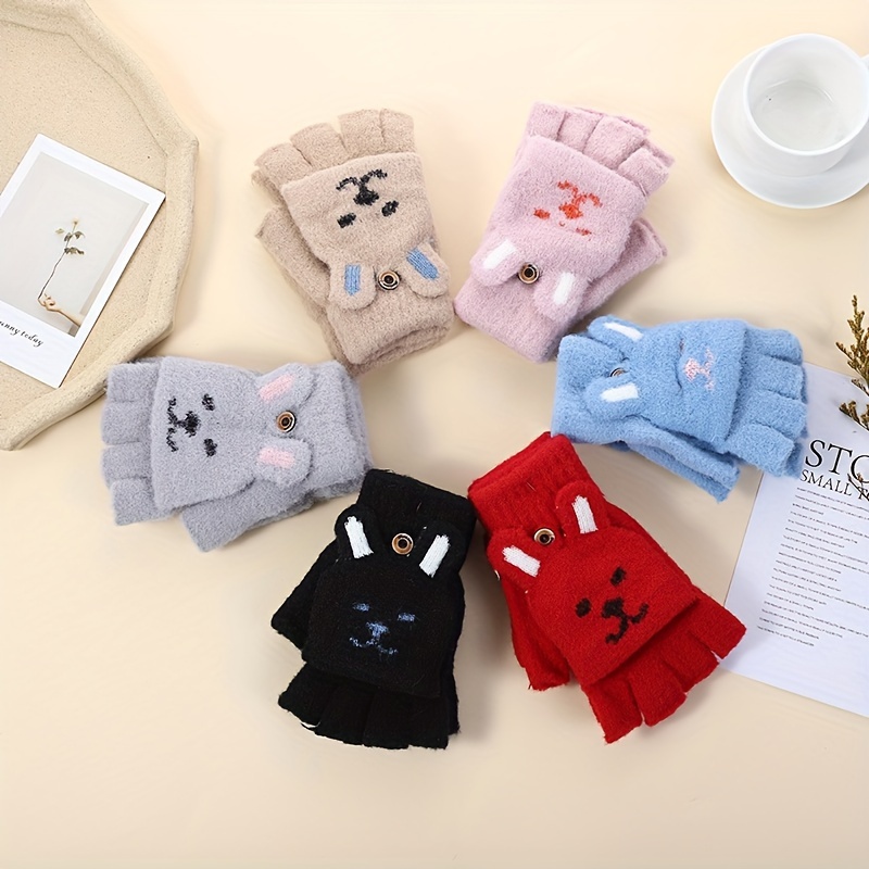 Cute Rabbit Convertible Mittens Casual Short Thick Warm Half - Temu New ...