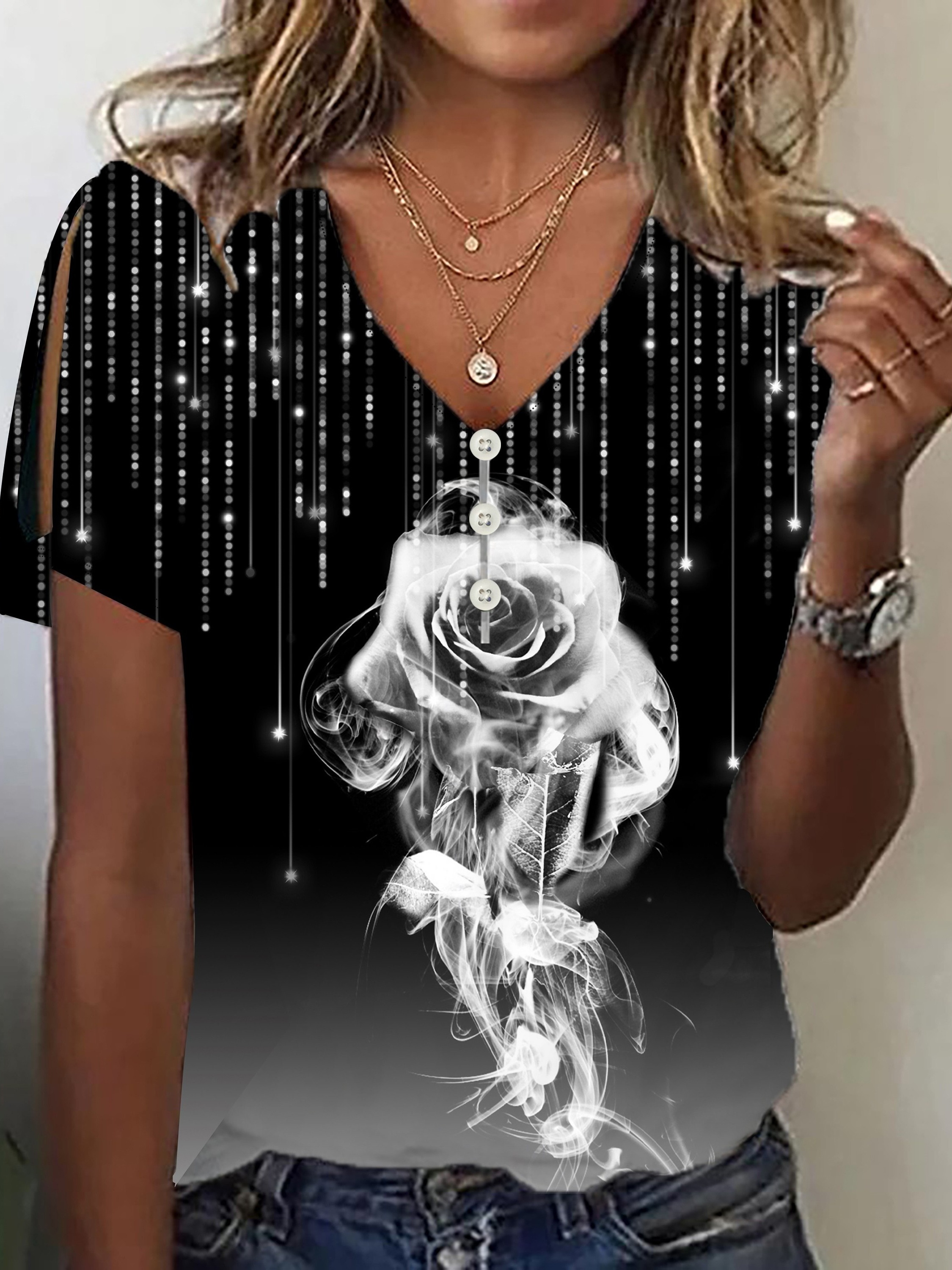 Abstract Print Split Sleeve Tシャツ 春夏用のカジュアルなvネックボタンtシャツ 女性用衣料 Temu Japan