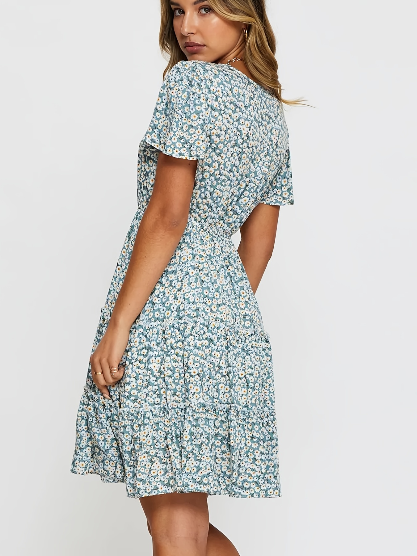 ditsy floral print dress casual v neck short sleeve ruffle - Temu New ...