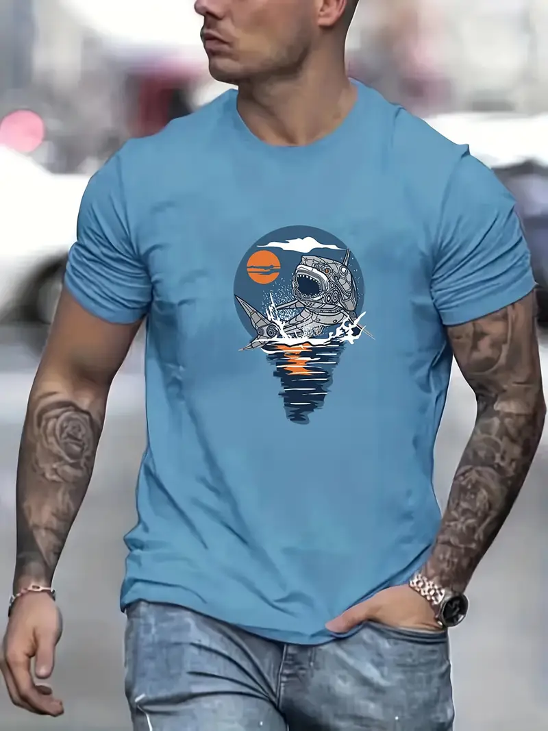 男性用tシャツ、夏用アニメサメロボットグラフィックプリントtシャツ、プラスサイズ Temu Japan