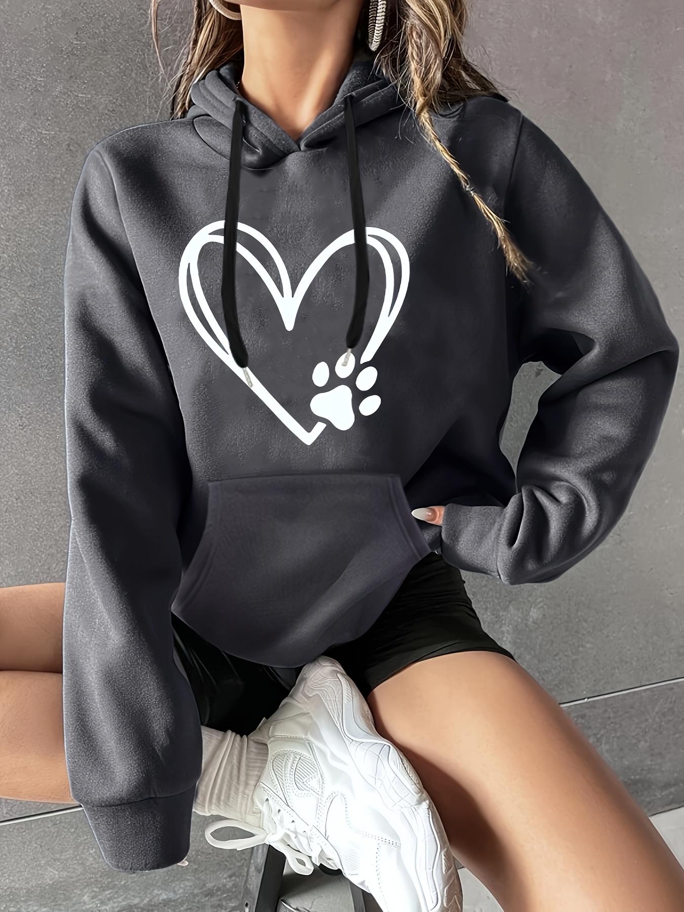 Heart Paw Graphic Fleece Lined Hooded Sweatshirt Long Sleeve - Temu Australia