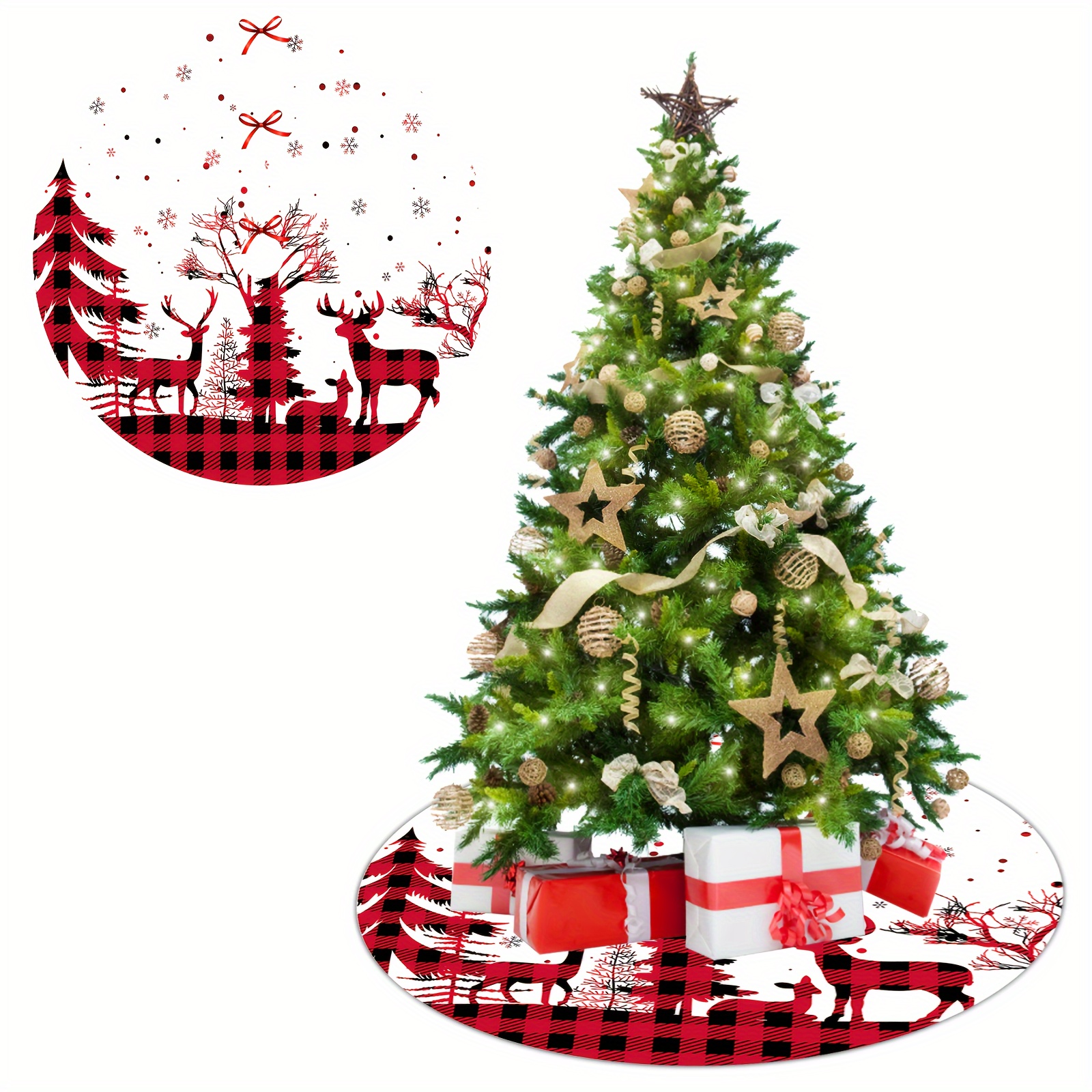 Christmas Tree Skirt, Large Plaid Christmas Ornaments Mat With Reindeer ...