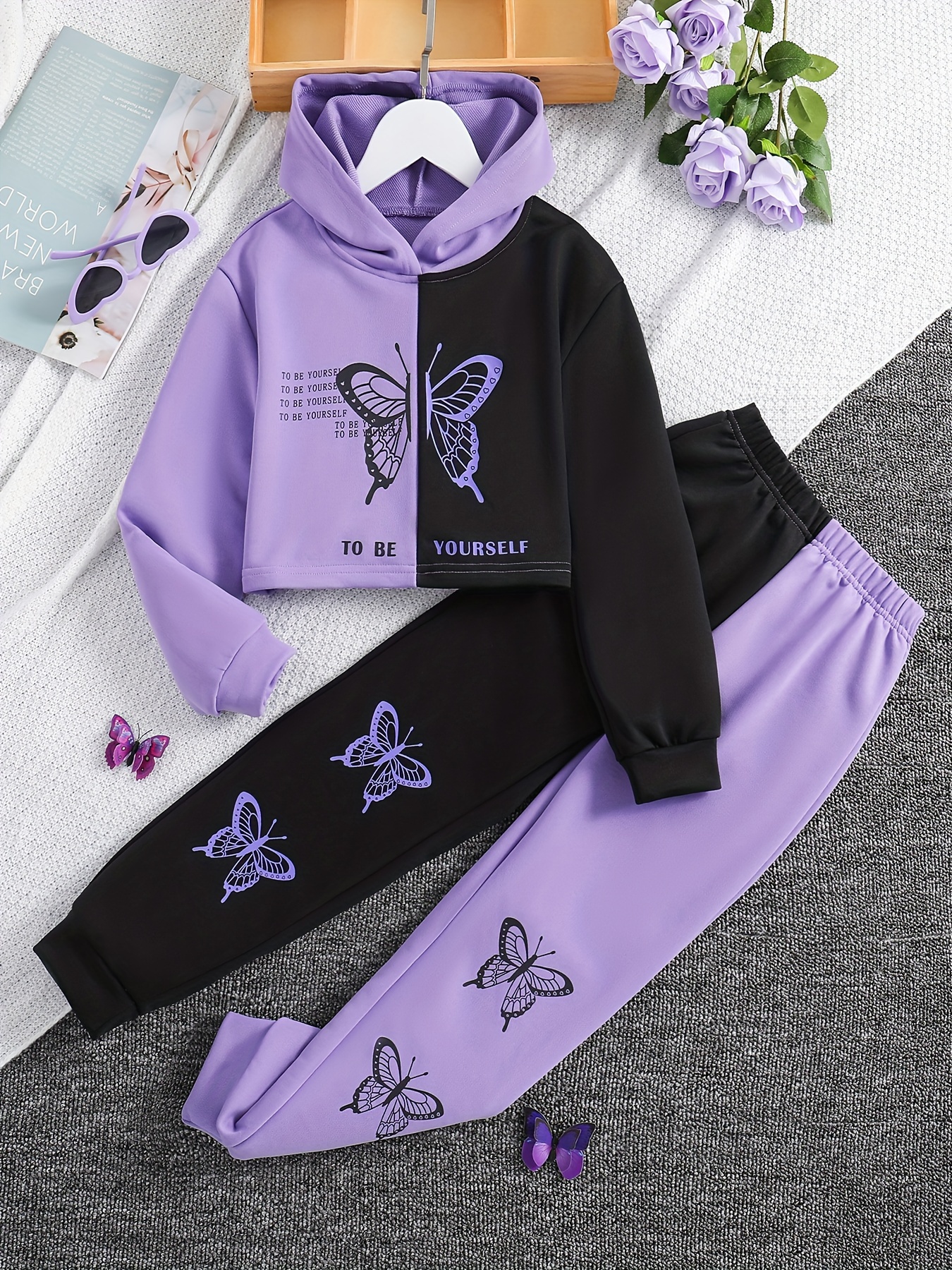 Outfits Girls Splicing Butterfly Print Hoodies + Jogger - Temu Canada