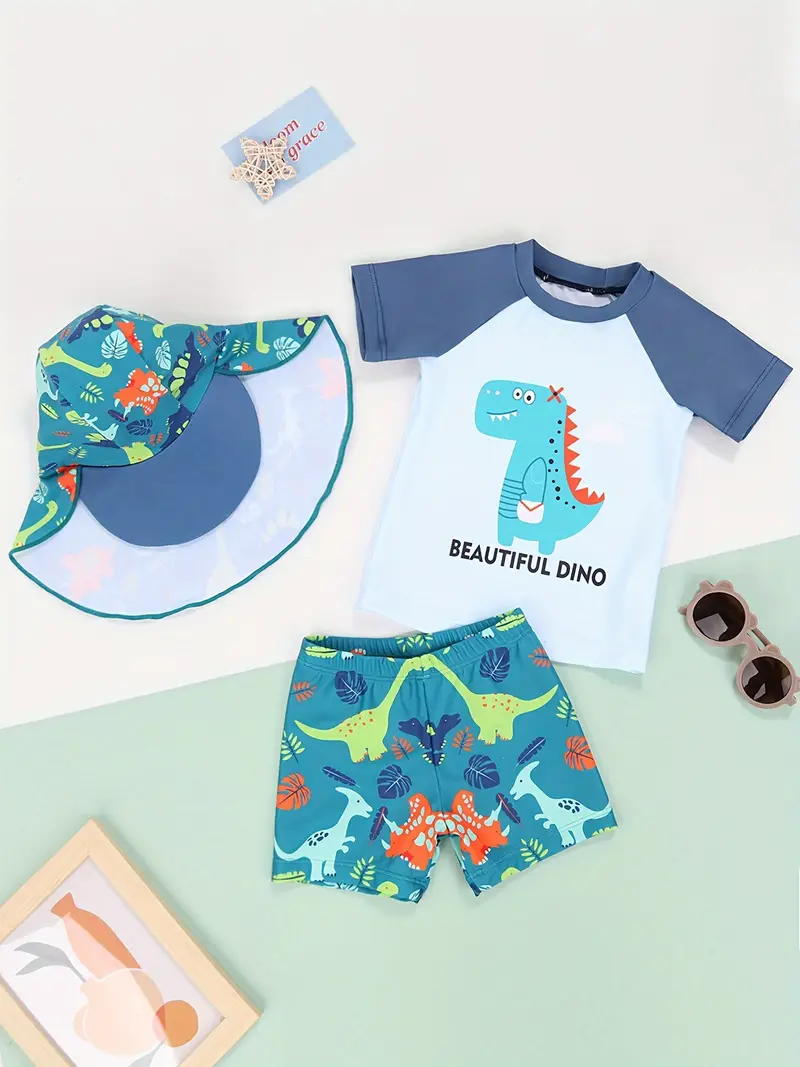 幼児用のかわいい恐竜柄水着2枚セット トップ&帽子&水泳ト 伸縮性のある水着 ビーチホリデー用の の男の子 Temu Japan