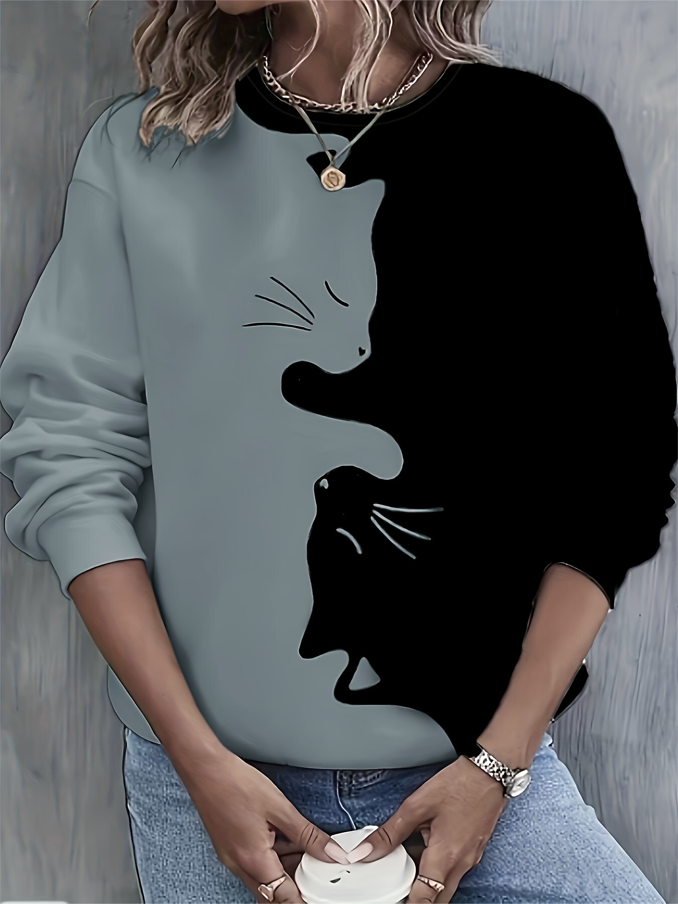 Cute Cat Print Crew Neck Sweatshirt Casual Long Sleeve Loose - Temu Canada