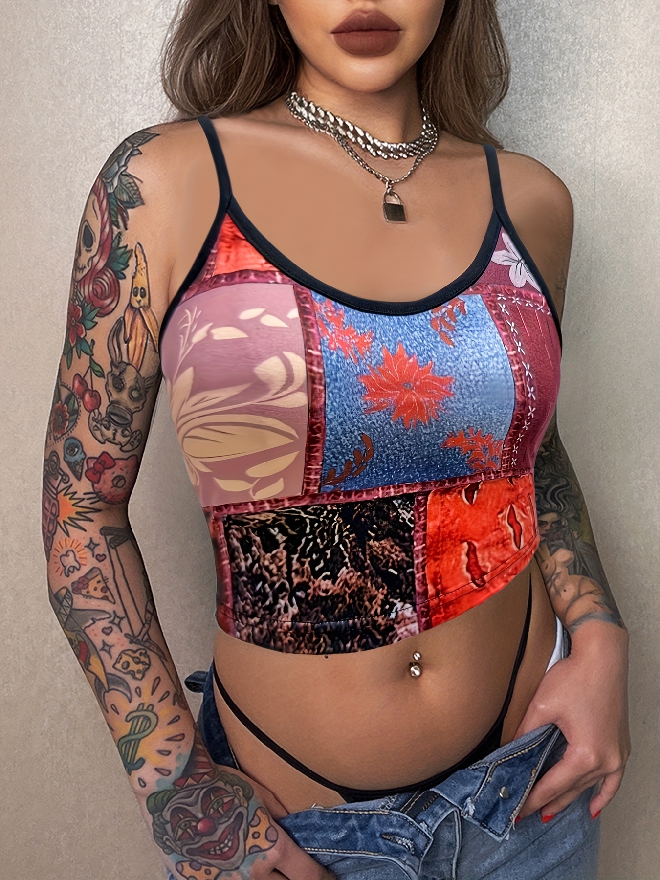 Butterfly Print Lettuce Trim Crop Cami Top Y2k Spaghetti Strap Top For