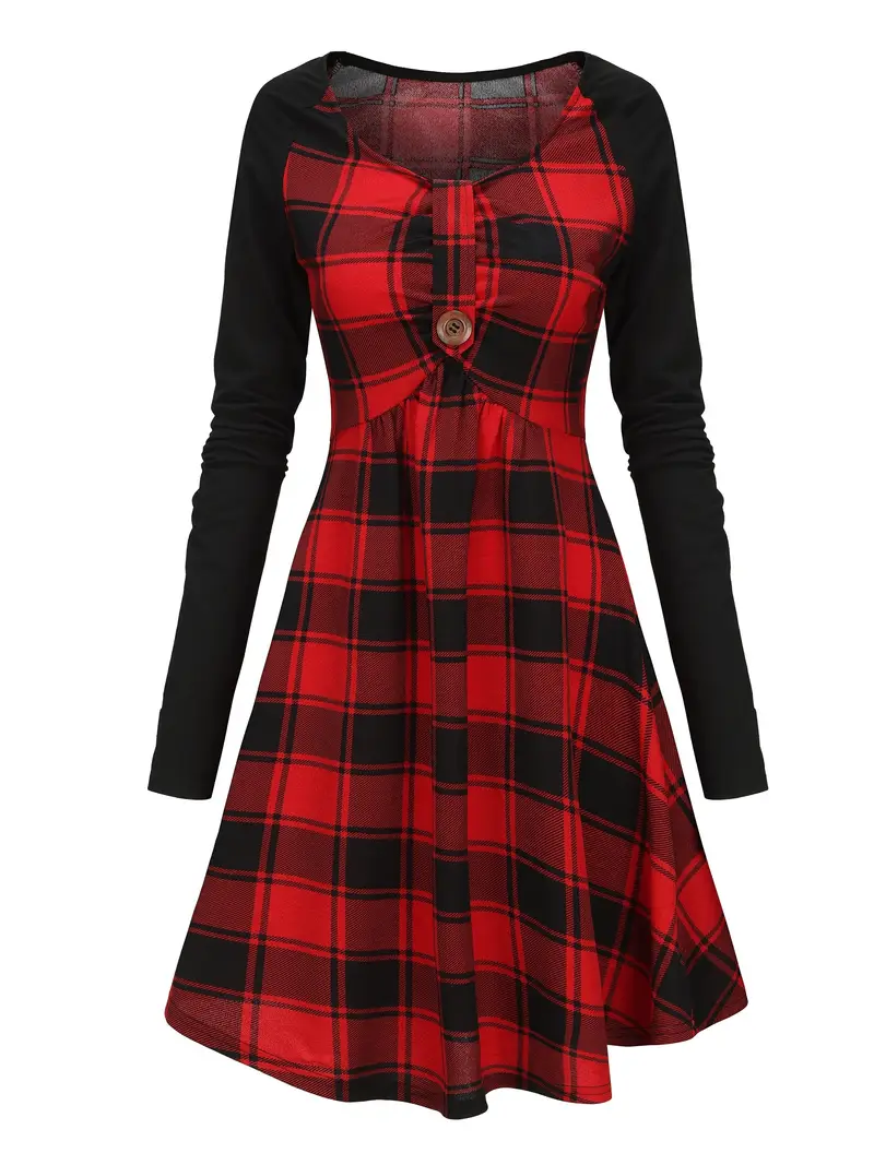 Plaid Print Splicing Dress Elegant Crew Neck Long Sleeve Temu Australia