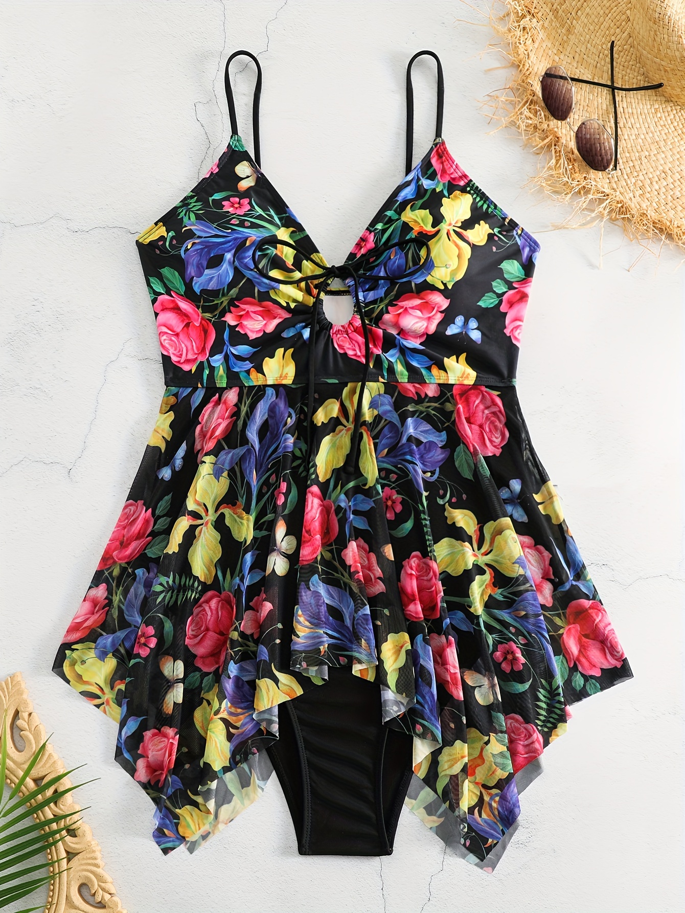Plus Size Floral Print Knot Strap One Piece Swimsuit Womens Plus High