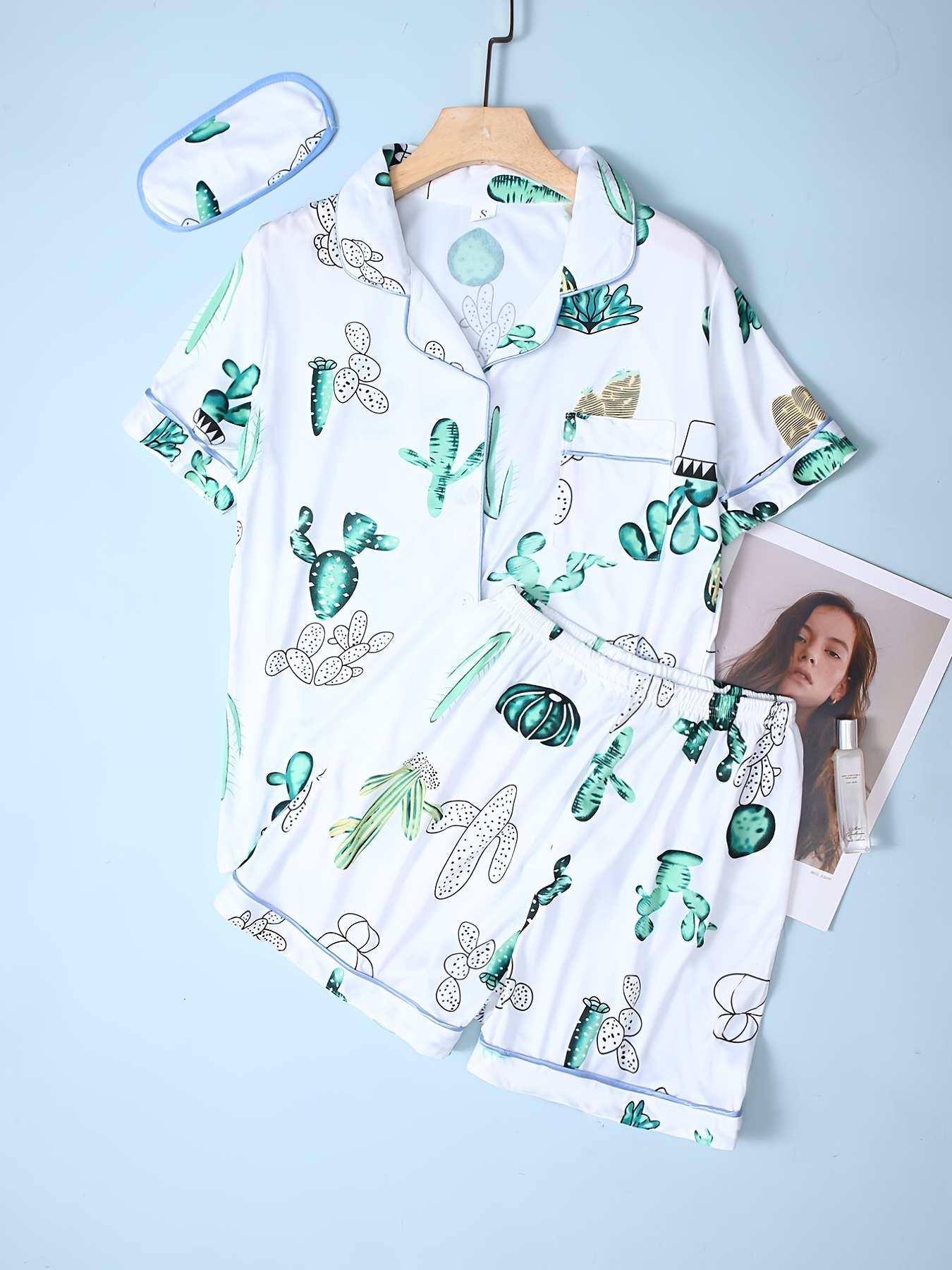 Casual Cute Cactus Print Pajamas Set Short Sleeve Cardigan - Temu Australia
