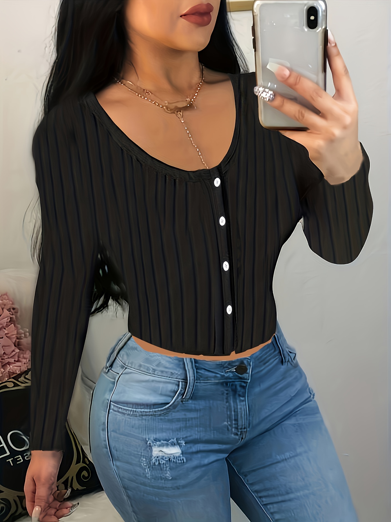 Solid Button Front Rib Knit Cardigan Casual Long Sleeve Slim Temu Norway