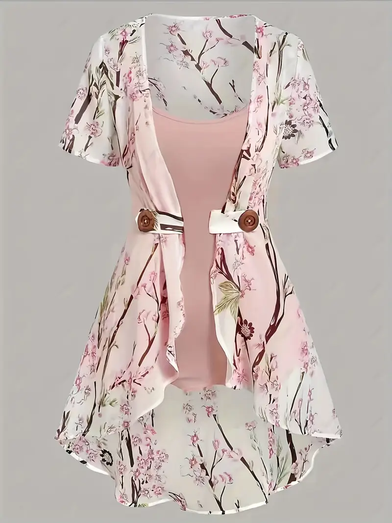 Floral Print Two Piece Set Casual Tank Top Open Front Kimono Outfits