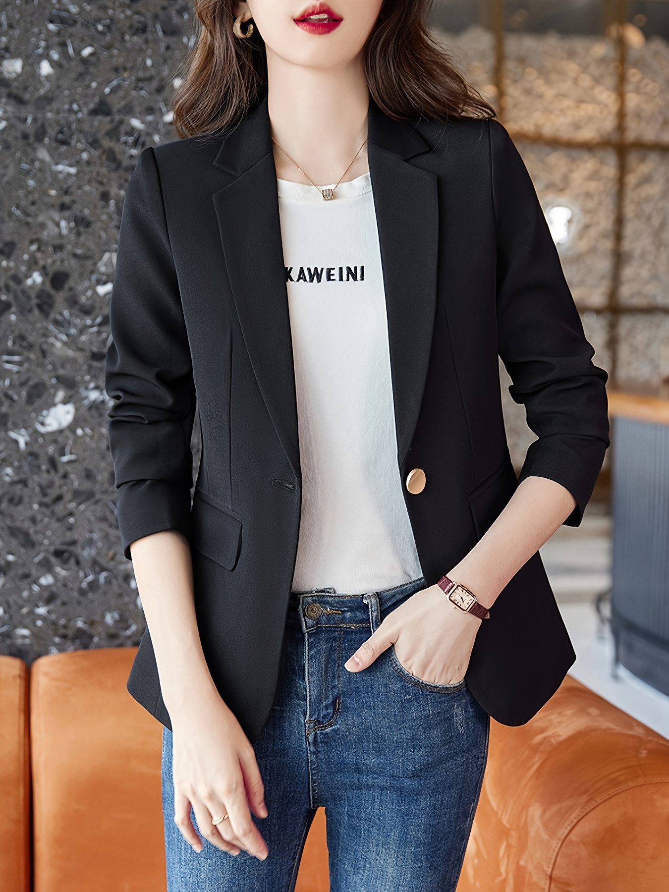 Notched Collar Button Front Blazer Elegant Long Sleeve - Temu Australia