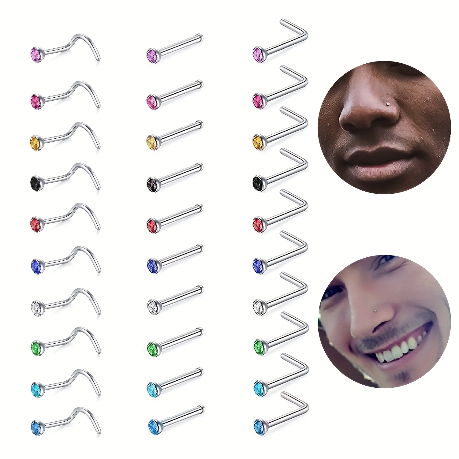 Simple Rhinestone Decor Nose Studs, Stainless Steel Screw Nose Rings ...