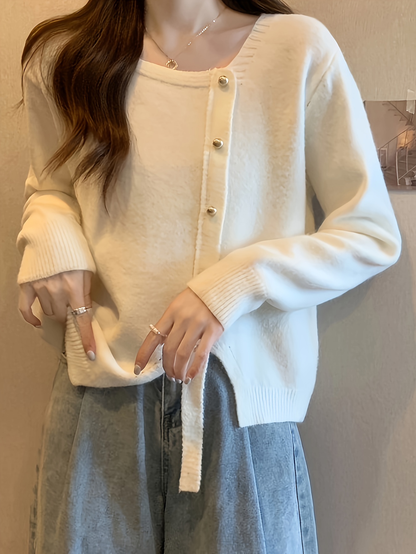 ソリッドクルーネックボタンフロントカーディガン、カジュアル長袖不規則アウター、婦人服 Temu Japan
