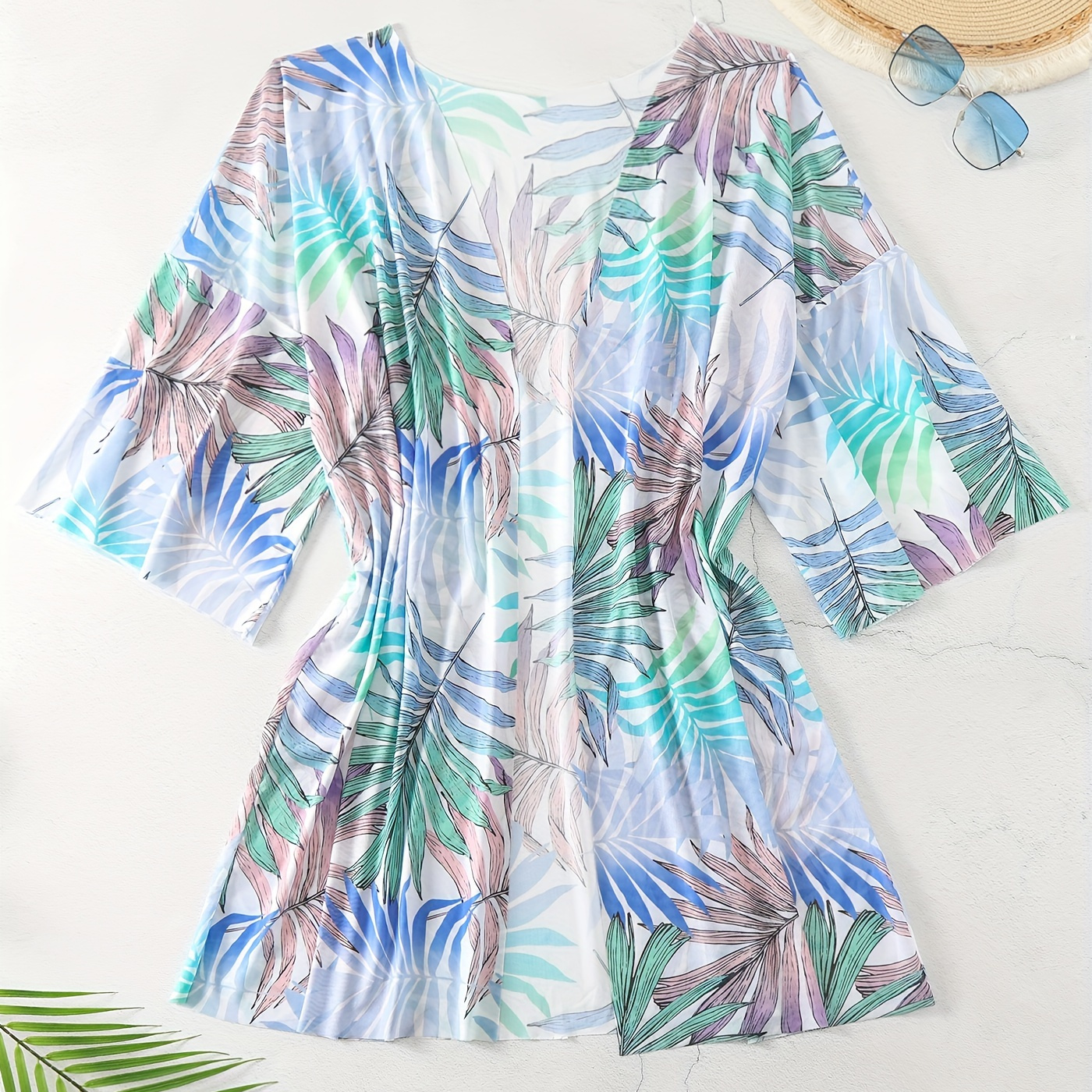 Plus Size Casual Cover Up, Women's Plus Tropical Print Half Sleeve Open ...