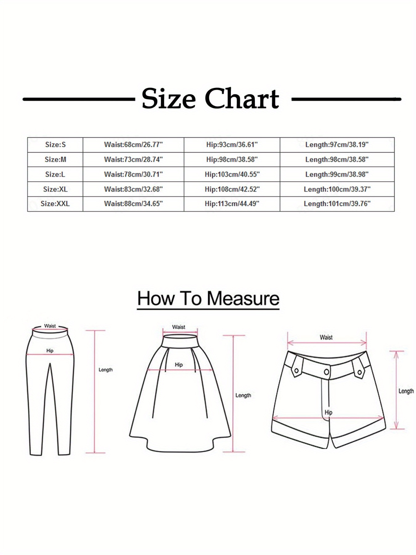 clothing size chart sold on Temu United States