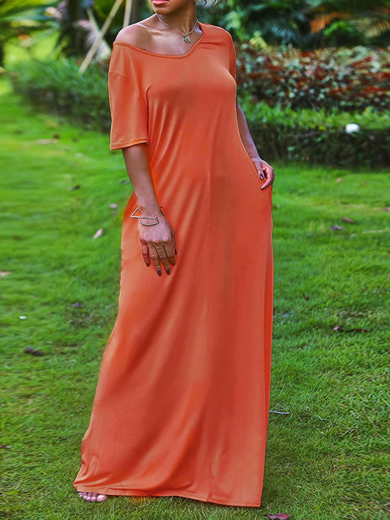 Solid Simple Maxi Dress Casual V Neck Short Sleeve Versatile Temu