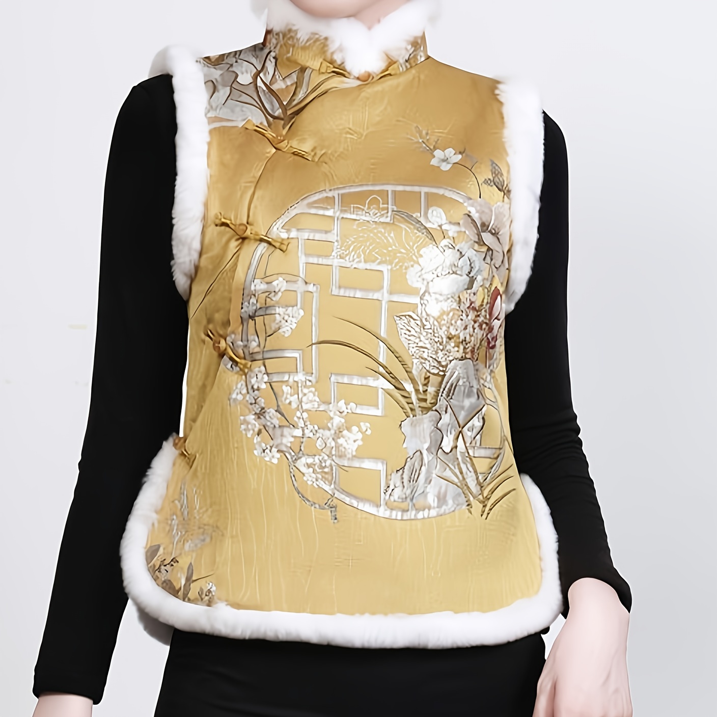 Women's Yellow Retro Tang Suit Vest Fur Lined Cotton Vest Button Vest ...