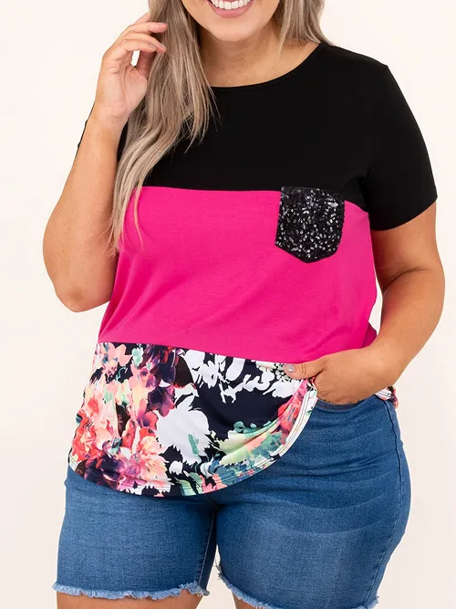 Plus Size Colorblock Floral Print Short Sleeve T Shirt Womens Plus