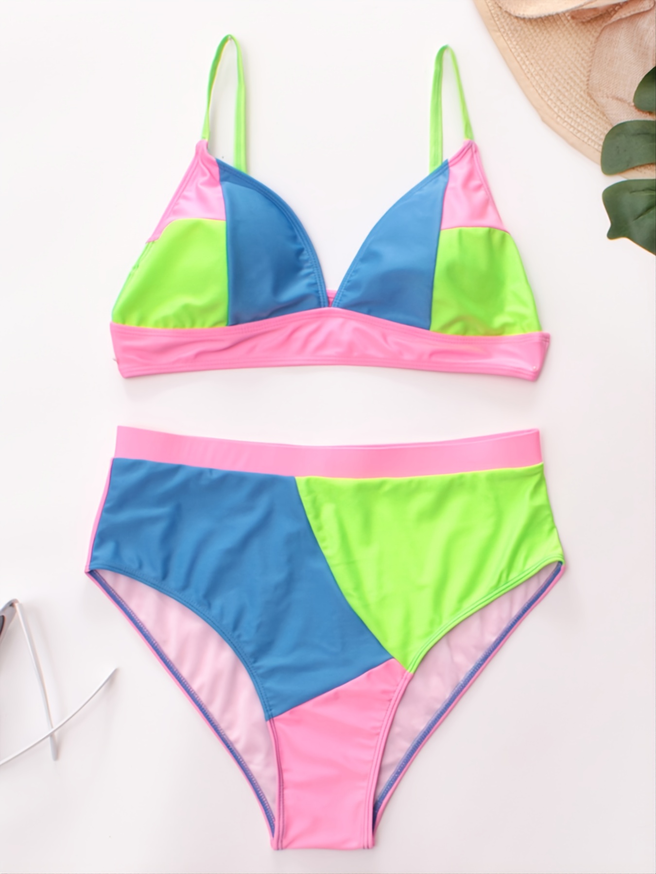 Plus Size Colorblock Bikini Set, Women's Plus High Stretch Vacation ...