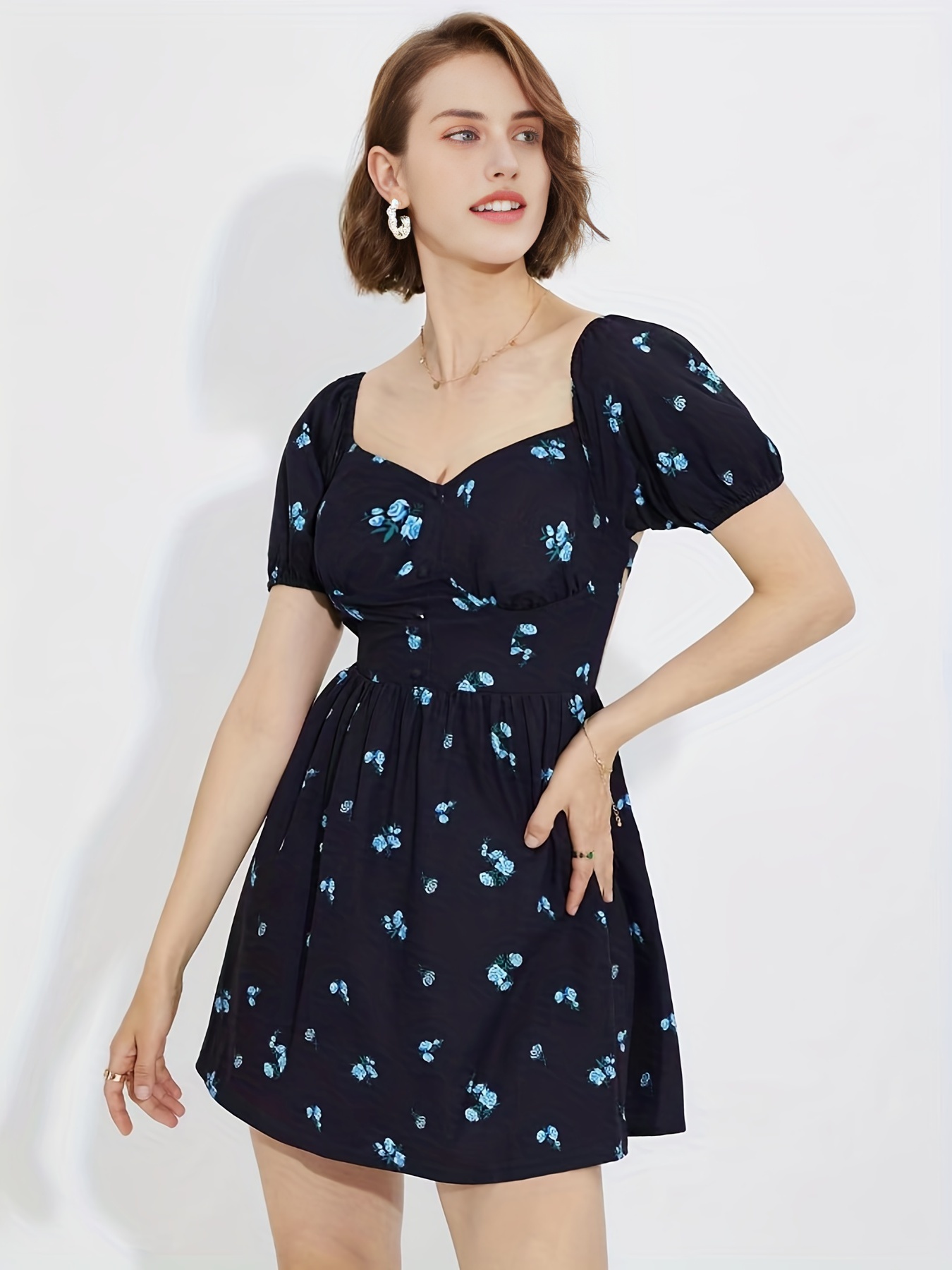 Floral Print Sweetheart Neck Dress Elegant Puff Sleeve Tie - Temu