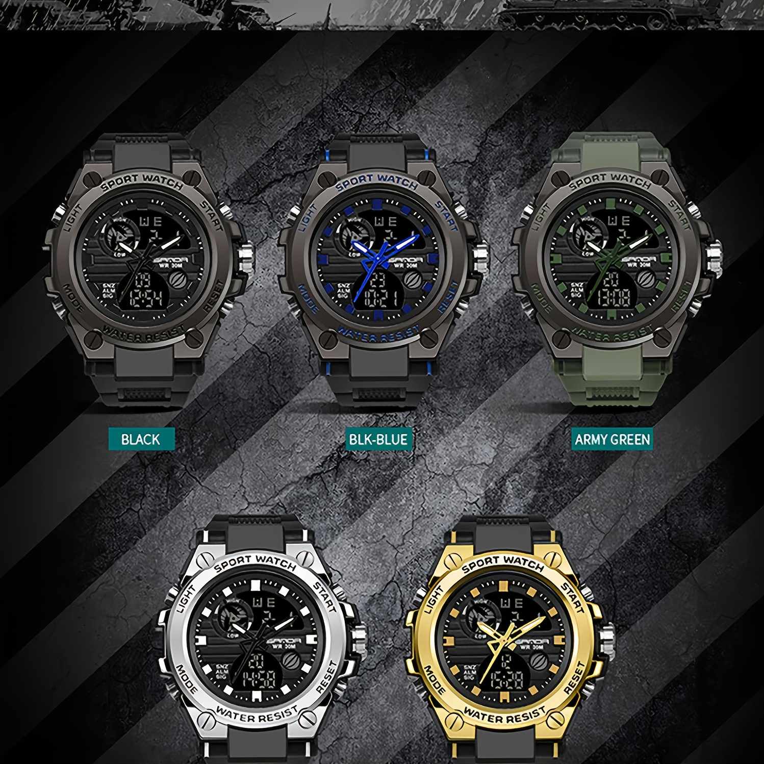 Mens Watches Sports Outdoor Waterproof Date Analog Dual Display Multi ...
