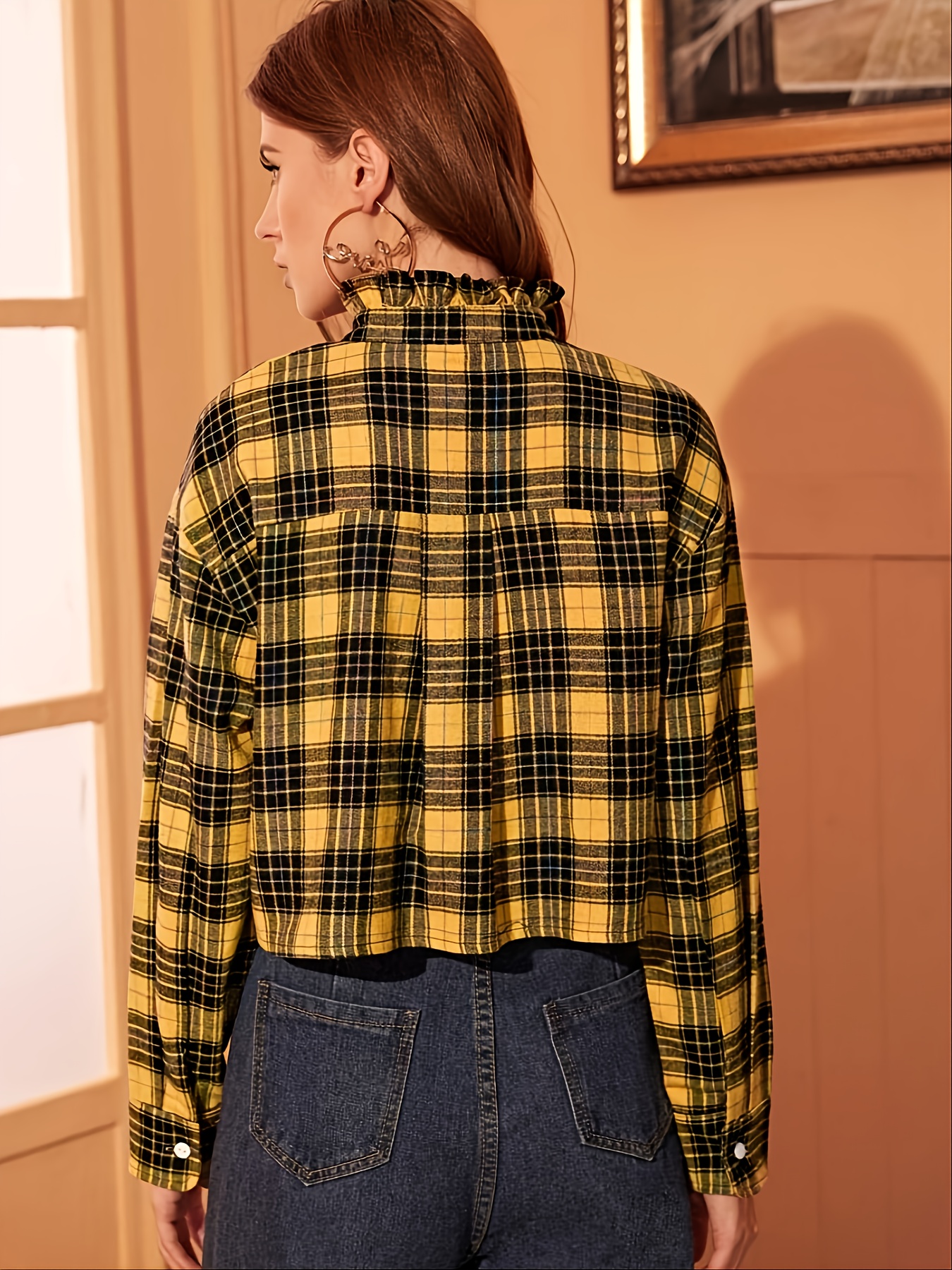Casual Plaid Blouses, Panelled Small Stand Up Collar Long Sleeve ...