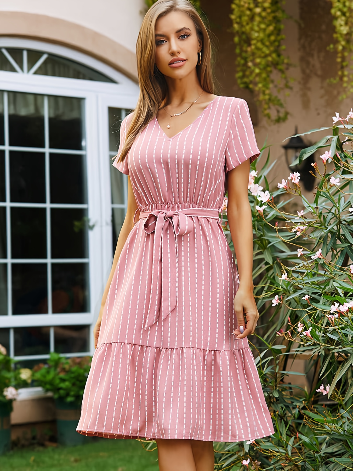 Women's Summer Short Sleeve Striped Casual Tie Waist V-neck Flowy Midi ...