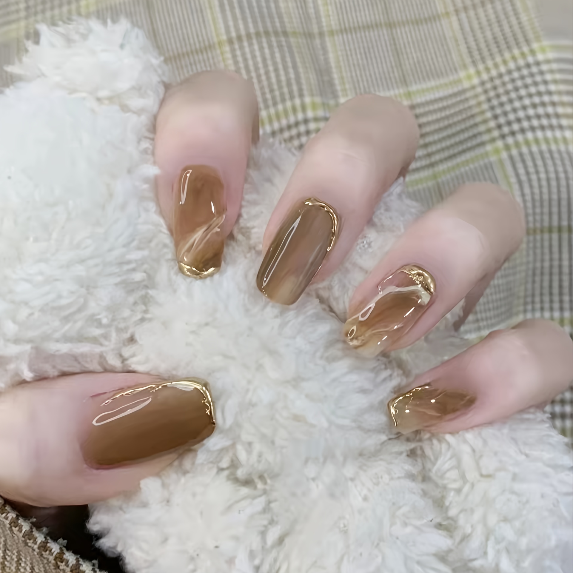 Short Press On False Nails Coffin Nails Brown Smudged Texture Full ...