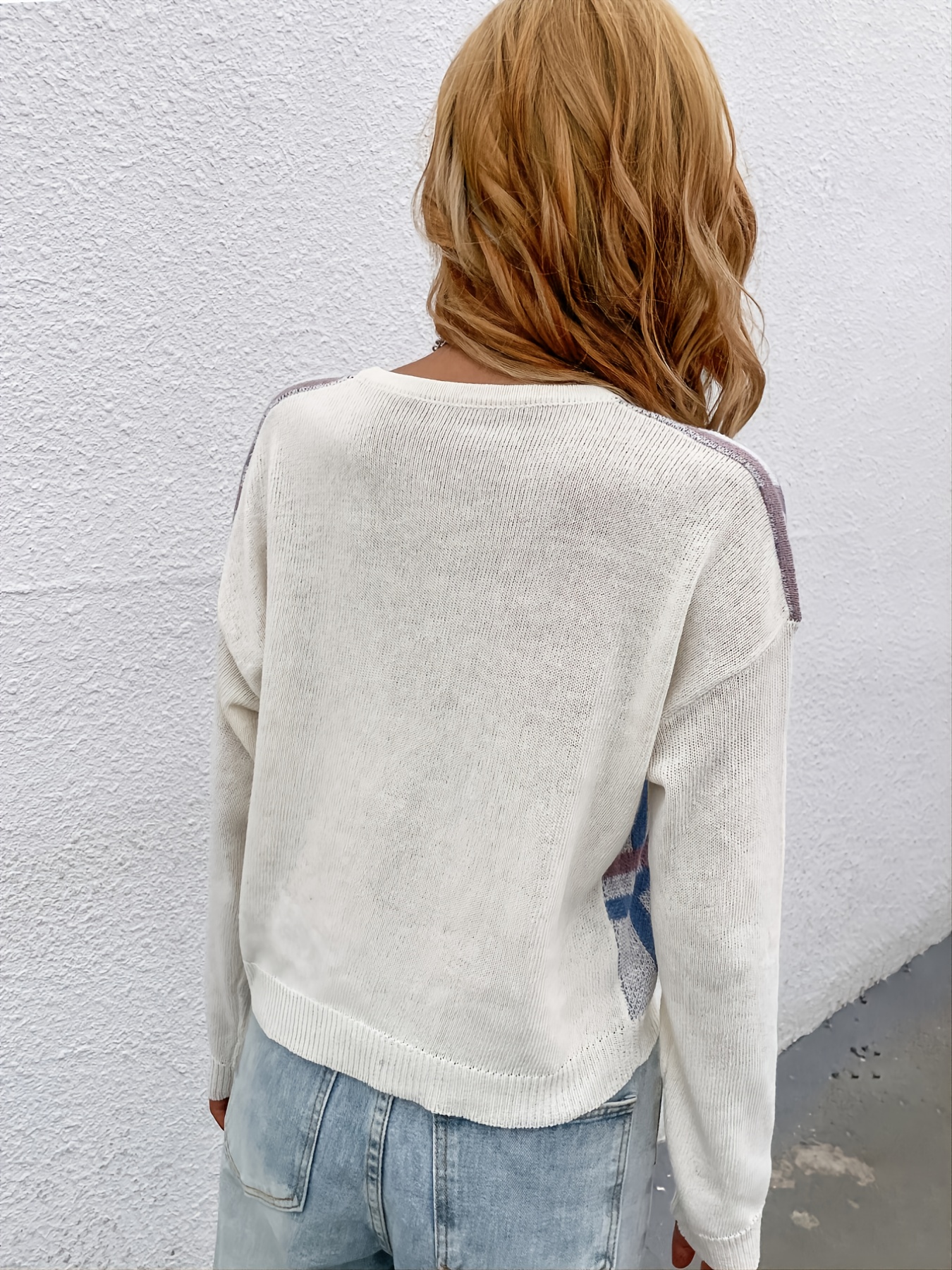 Vintage Checkered Striped Colorblock Sweater Casual Crew Neck Long ...