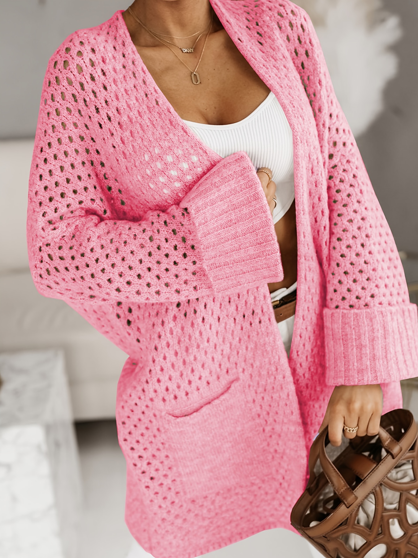 Solid Open Front Hollow Knit Cardigan Casual Long Sleeve - Temu New Zealand