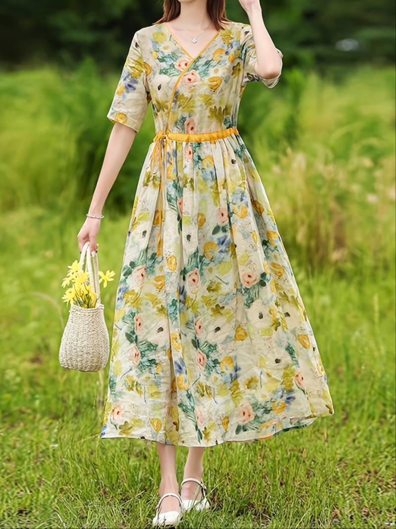 Vestido Étnico De Lino Y Algodón Con Cuello De Pico Vestidos De Mujer ... Vestido Étnico De Lino Y Algodón Con Cuello De Pico Vestidos De Mujer ...
