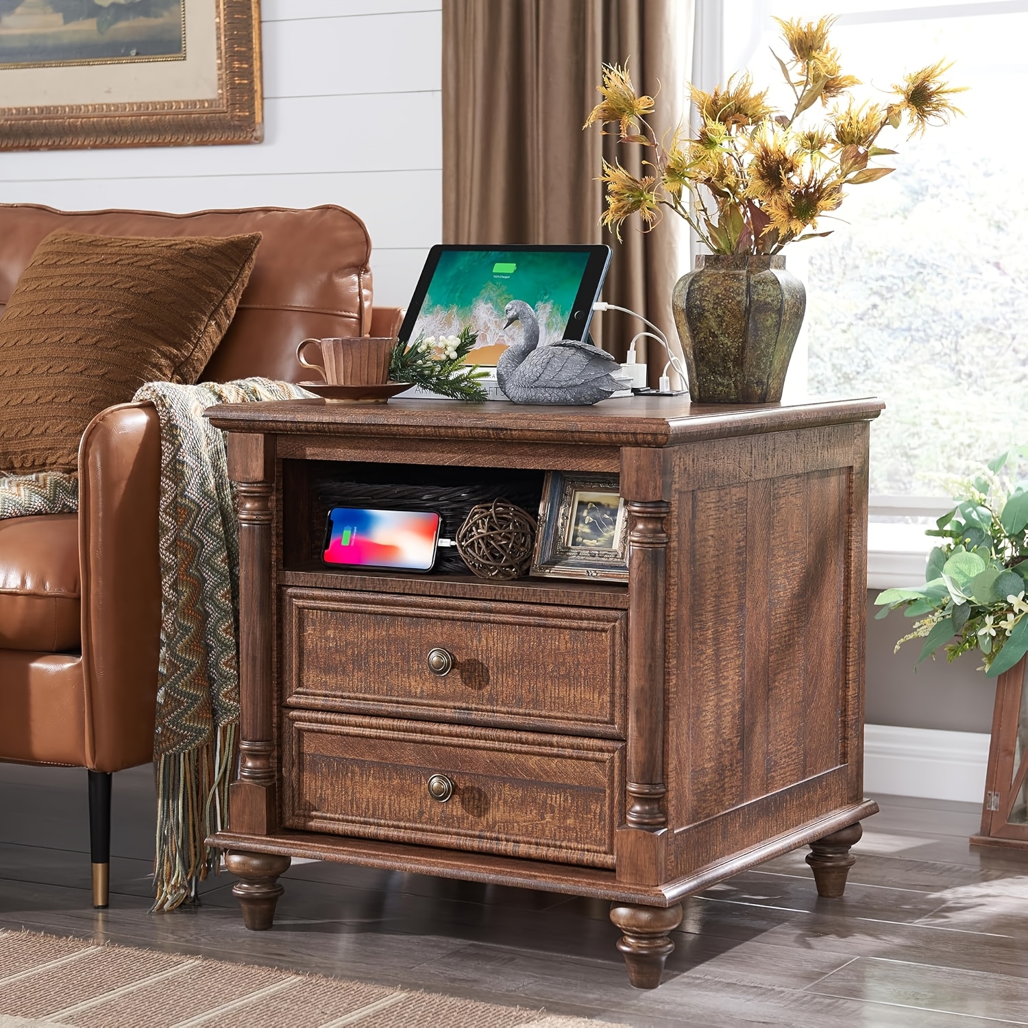 farmhouse end table w 4 solid wood feet large 2 drawers wide Temu
