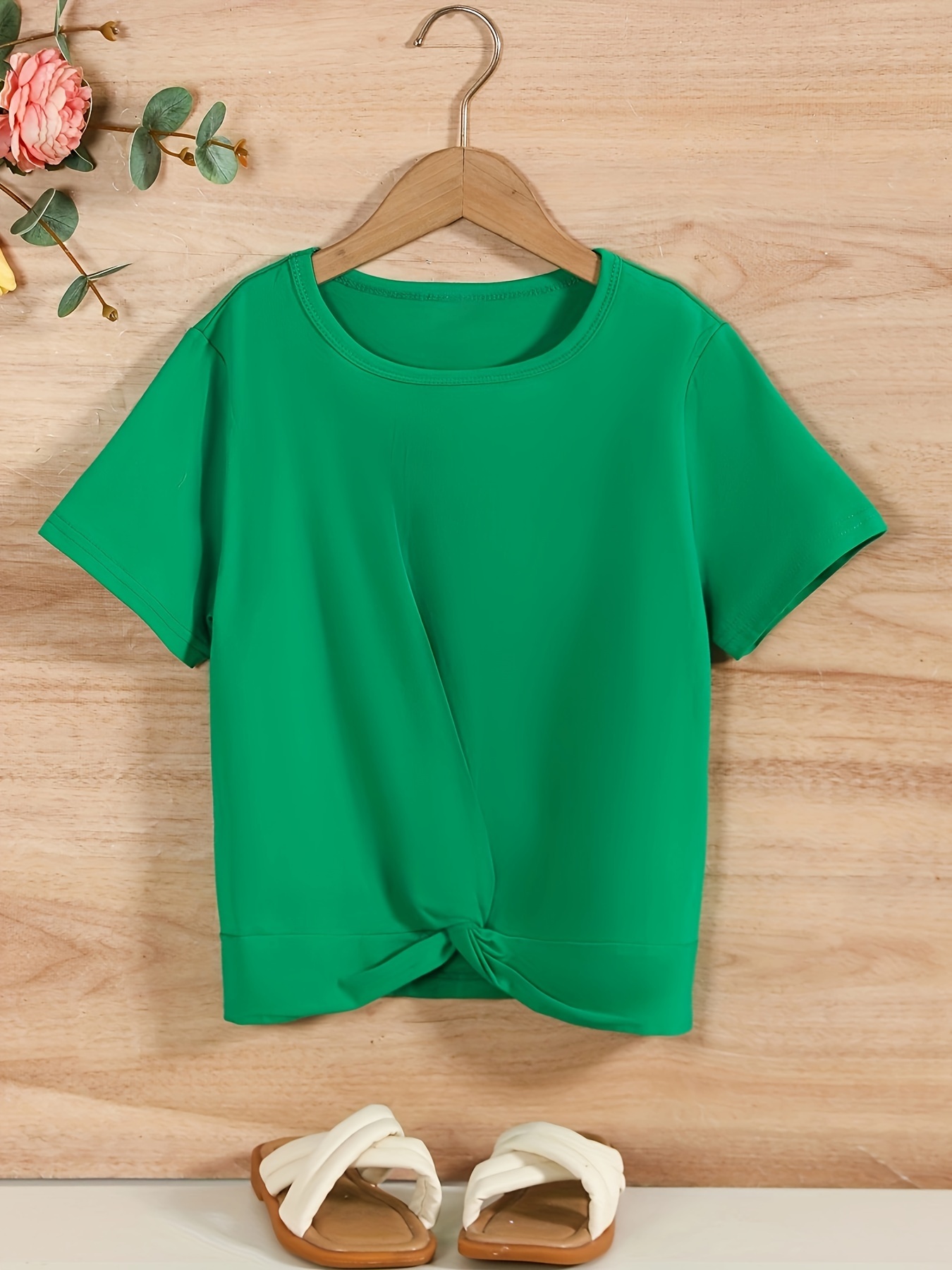Front Short Sleeve T shirt Tops Versatile Solid Knot Girls - Temu Australia