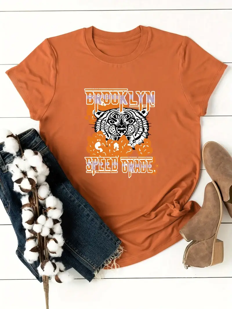 Tiger Letter Print T Shirt Short Sleeve Crew Neck Casual Top Temu