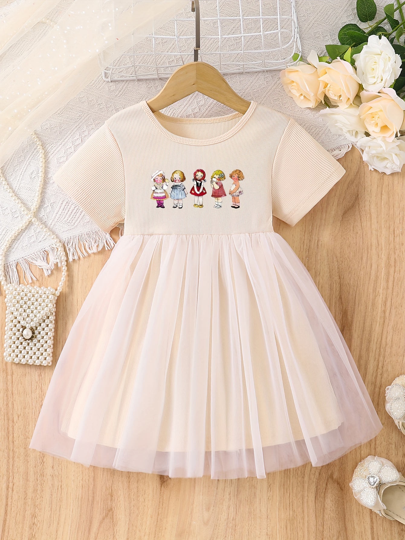 Lovely Cartoon Girl Print Short Sleeve Tutu Dress, Girl's Cute Comfy ...