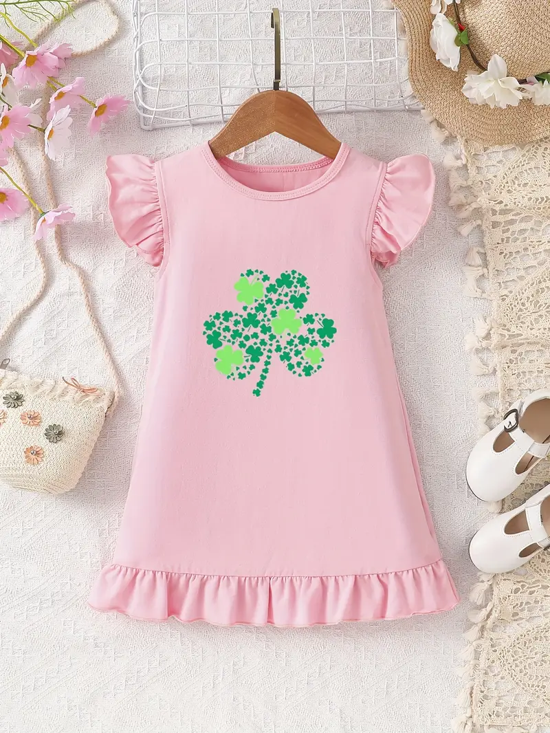95 Cotton Casual Sweet Shamrock Graphic Flutter Trim Dress For Girls