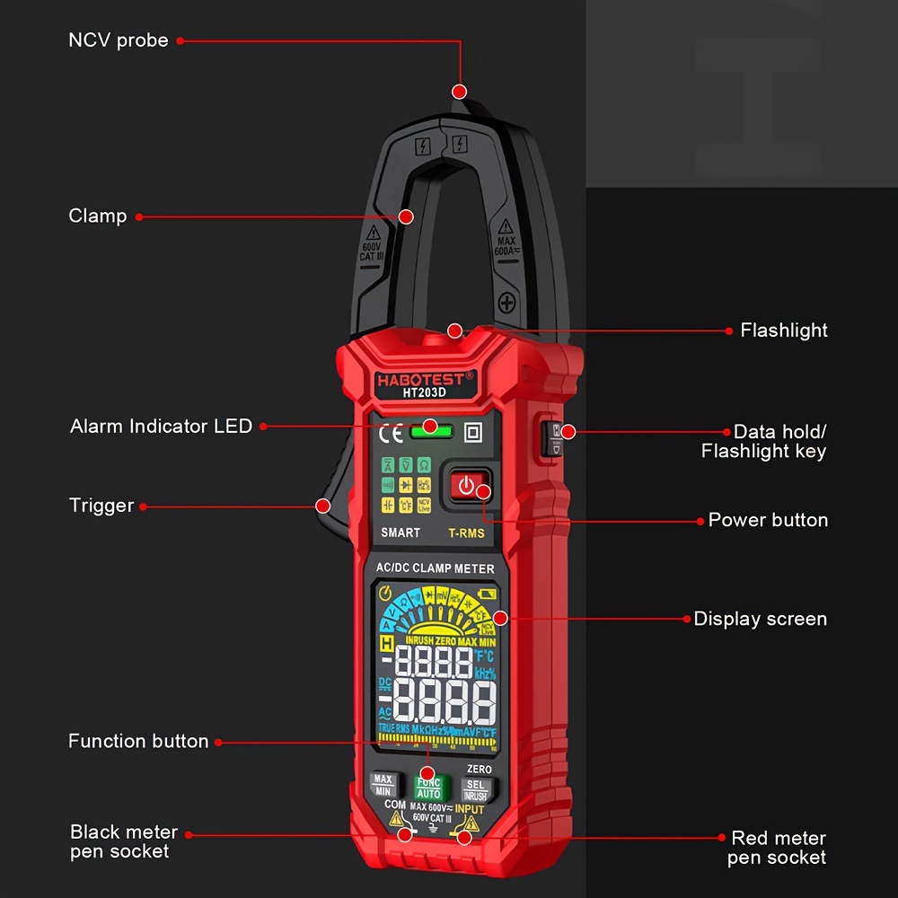 Ht203d Digital Clamp Meter Multimeter, Ac/ Current 600a, Ac/ Voltage ...