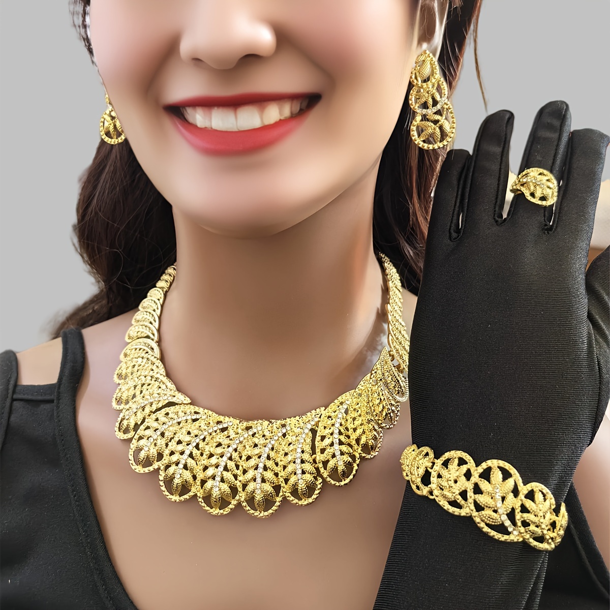 1 Set Luxury Urban Fashion Jewelry Alloy Gold Tone Necklace Earrings and Bracelet Versatile for and Festival Celebrations