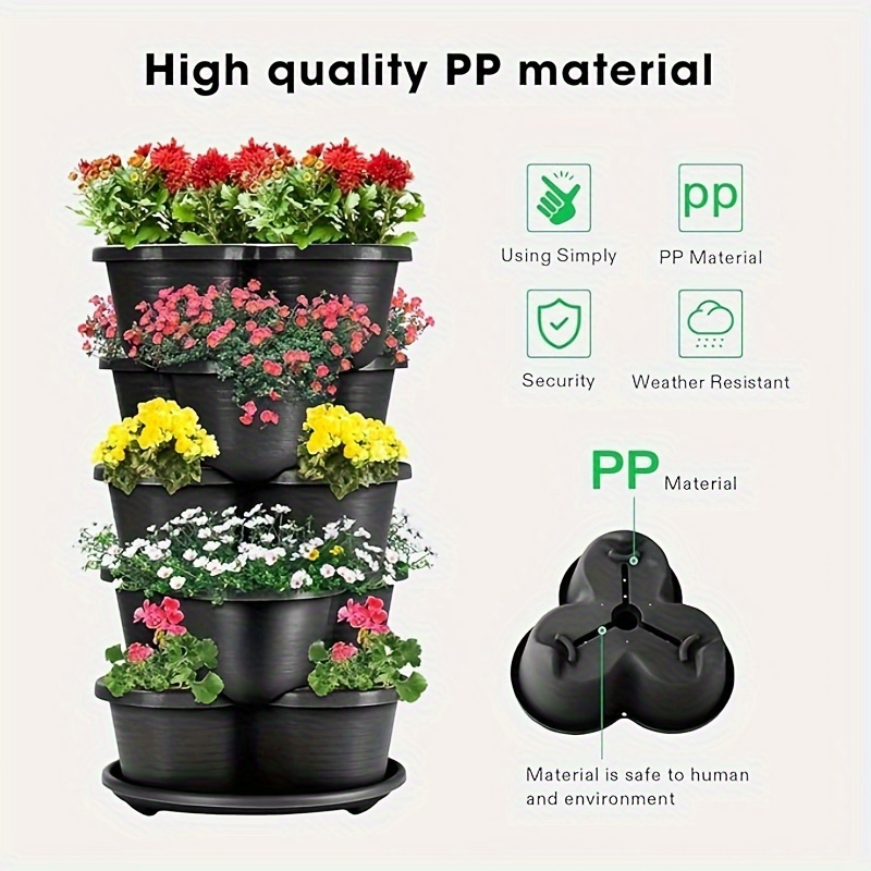 5 Tier Stackable Garden Planters With Hanging Chain Vertical Plastic ...