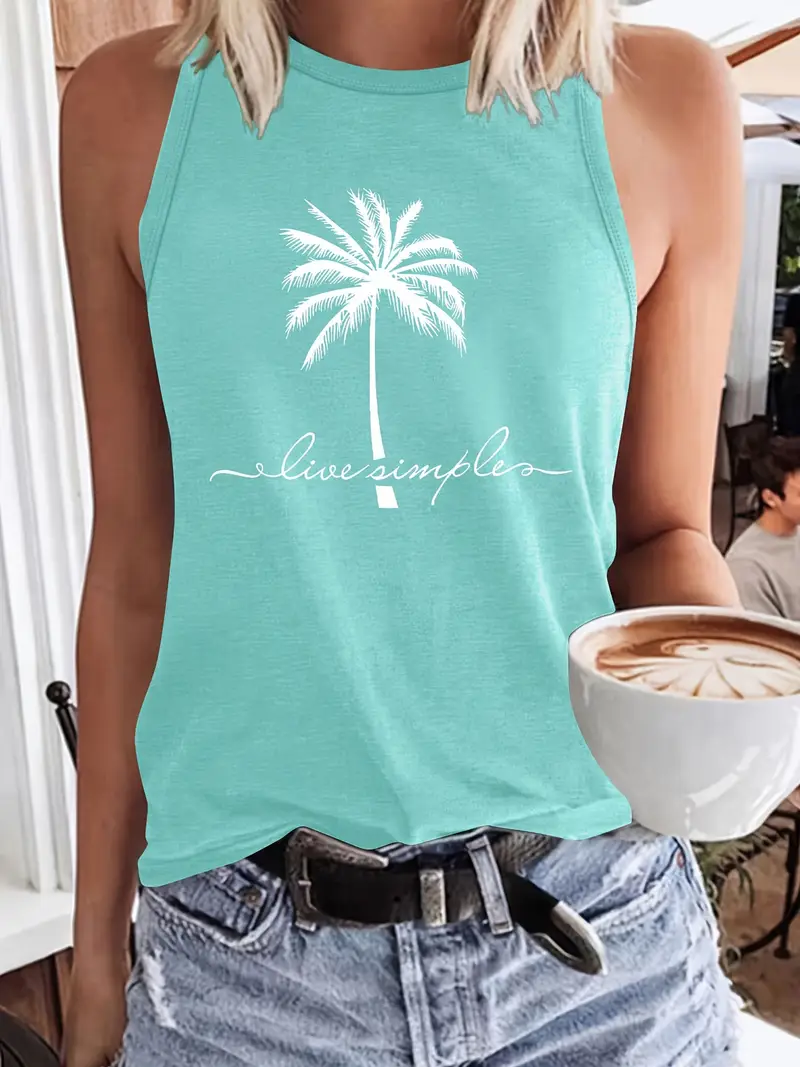 Coconut Tree Graphic Letter Print Crew Neck Tank Top Casual Temu
