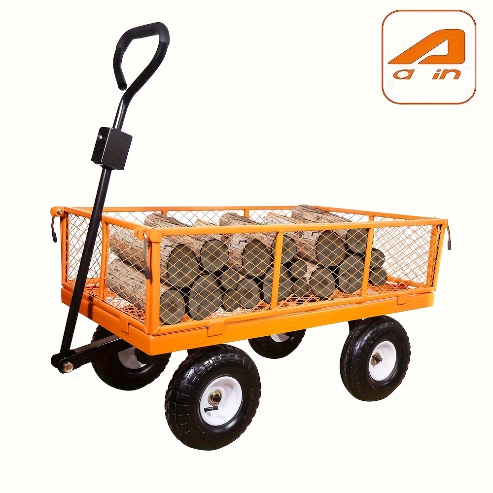 800 lbs Metal Garden Cart Heavy Duty Garden Wagon with Removable Steel Mesh Sides Utility Yard Carts with Rotating Handle with 10 inch Wheels 4cu.ft Load Capacity Outdoor Wagons