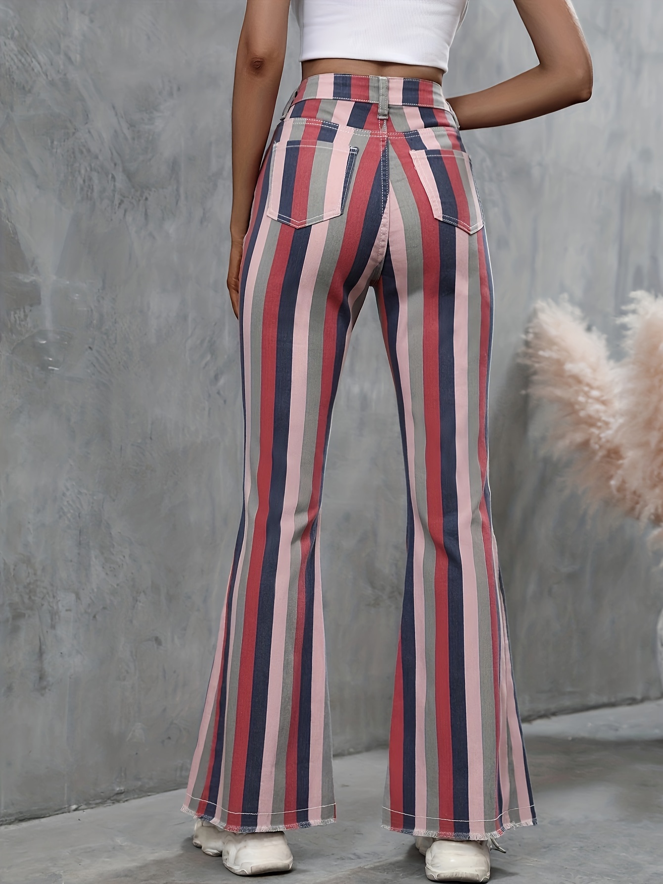 Striped Print Multicolored Flare Jeans Hem High Stretch - Temu Ireland