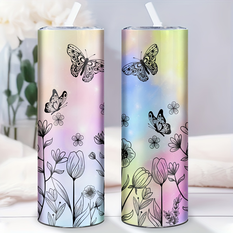 Stainless Steel Tumbler Straw Lid Dreamy Butterfly Floral 3d - Temu